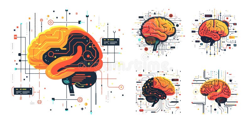 Digital Brain Concepts Cartoon Style Vector Set. Artificial ...