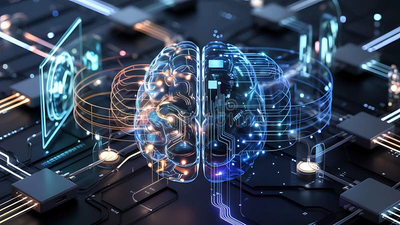 A Glowing Brain Connected To a Circuit Board with Various Components ...