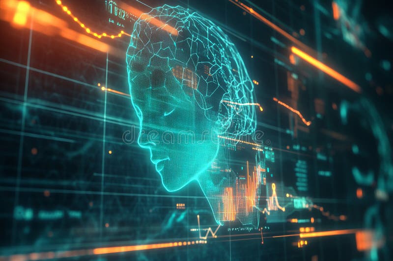 Digital Brain Against the Background of a Hologram of Glowing Growth ...