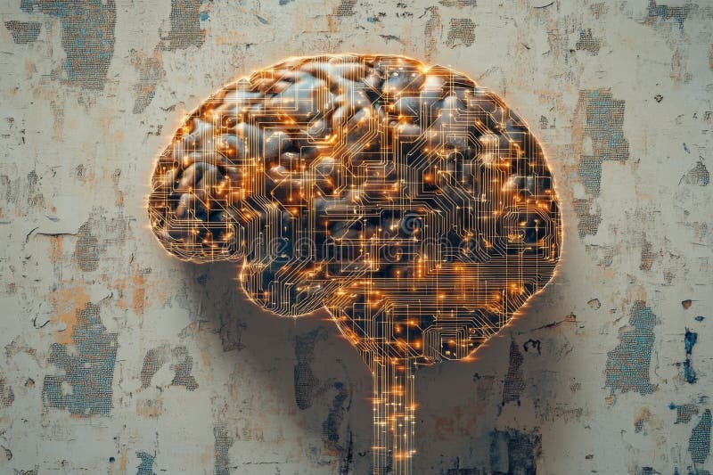 Digital Brain Design Merging Technology with Human Intelligence on a Textured Background Stock ...