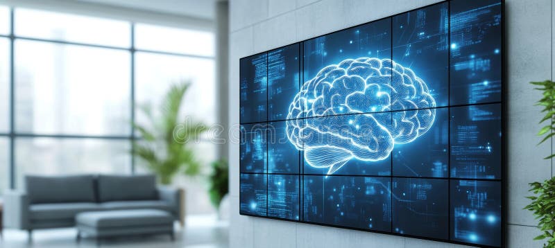 Digital Brain Display in Modern Living Room Interior, Technology and ...