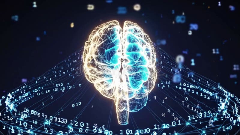 A Digital Brain Floating in a Cloud of Blue Binary Code, Symbolizing ...