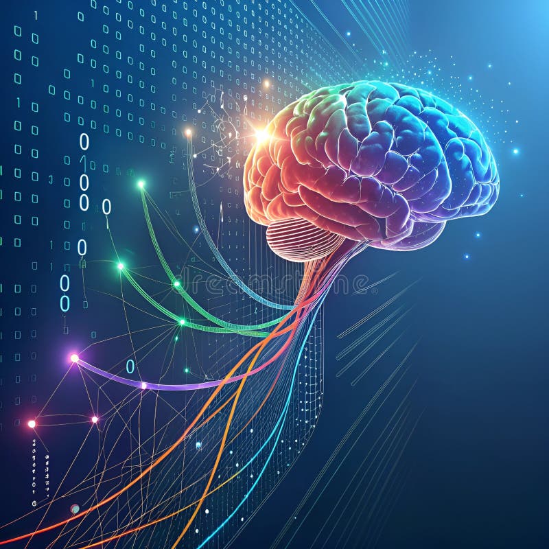 Digital Brain With Flowing Data Streams And Binary Code On Blue