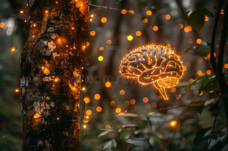Digital Brain in a Forest Setting with Warm Lighting, Representing ...