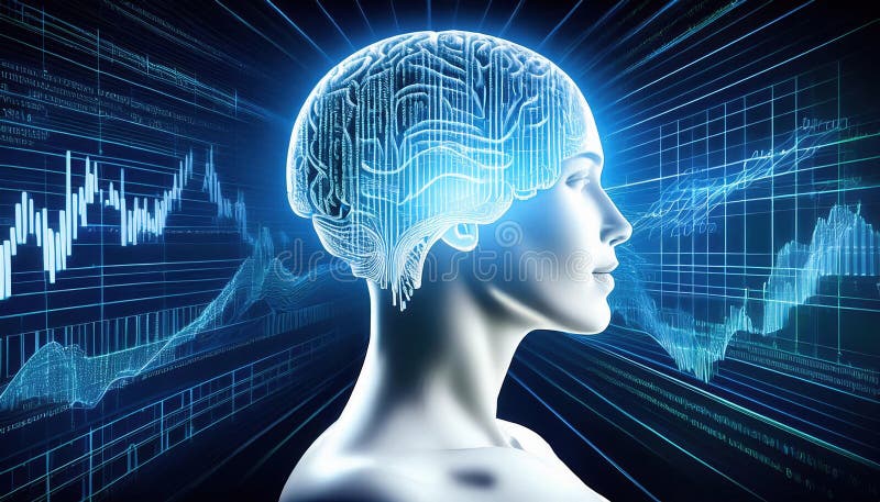 Digital Brain Glowing with Binary Code Streams, Surrounded by Charts ...