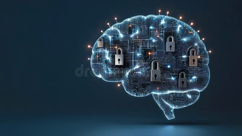 Digital Brain with Glowing Circuits and Padlocks Symbolizes ...