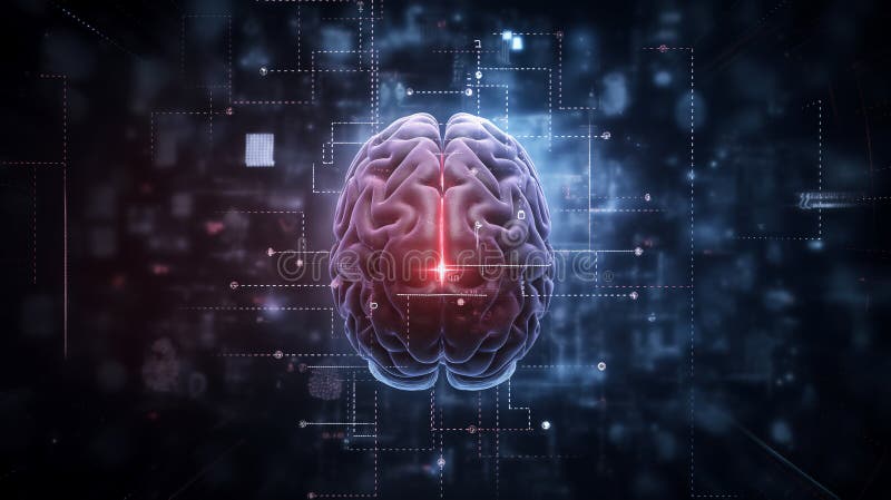 Digital Brain with Glowing Core, Connected by Intricate Network of Data ...