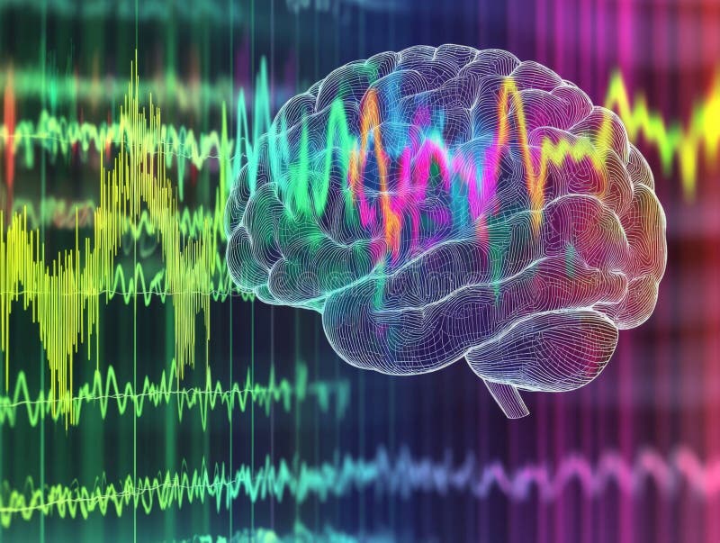 Digital Brain Glowing with Multicolored EEG Waves Symbolizing Data Driven Cognition Brain ...