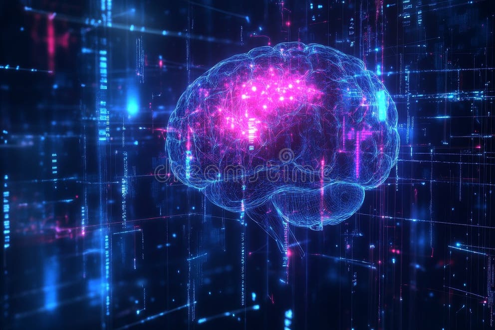 Digital Brain is Glowing Surrounded by Data and Information Stock Photo ...
