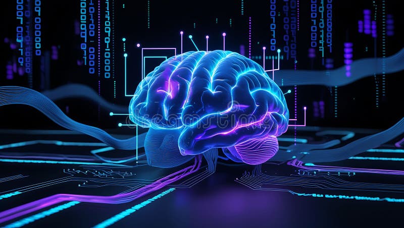A Glowing Brain with Binary Code and Circuit Patterns in Shades of Blue and Purple on a Black ...