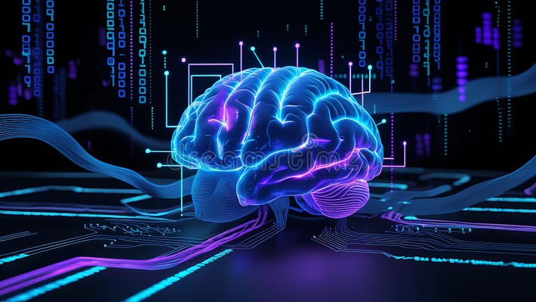 A Glowing Brain with Binary Code and Circuit Patterns in Shades of Blue and Purple on a Black ...