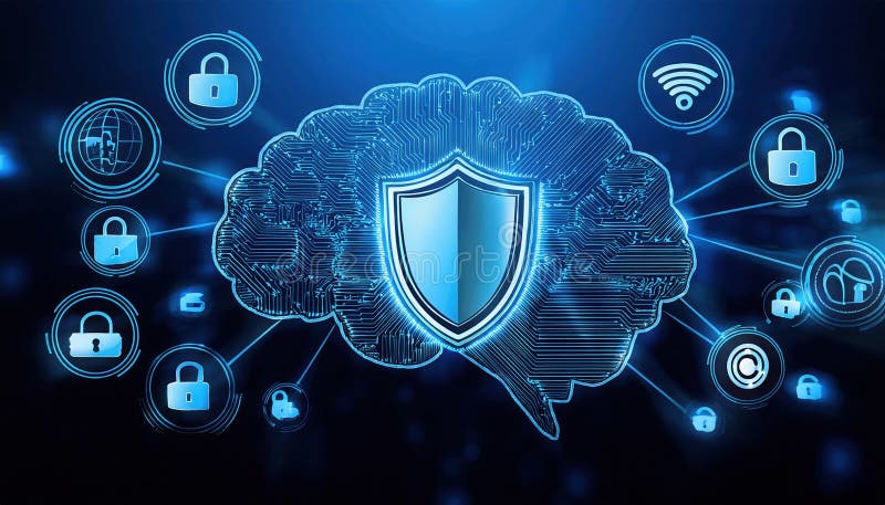Digital Brain Graphic Featuring a Shield with Icons Representing ...