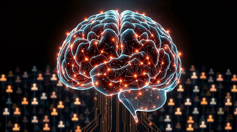 Digital Brain Hologram Above Interconnected Grid of Social Media ...