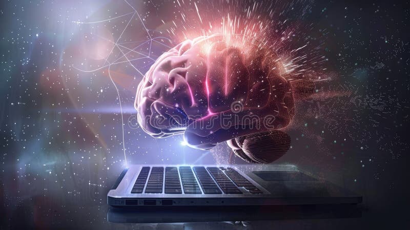 Digital Brain Hologram Emerging from a Laptop with Data Connections ...