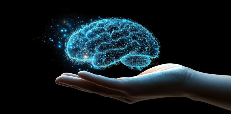 A Digital Brain Hovering Above an Open Hand Stock Illustration ...