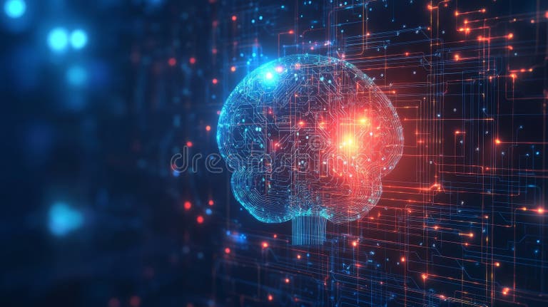 Digital Brain Illuminated by Red and Blue Light in AI Technology ...