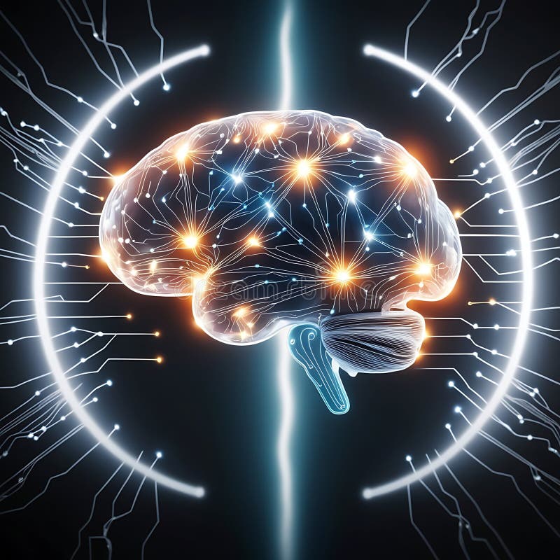 Digital Brain Illustration on a Blue Background with Lines and Dots ...