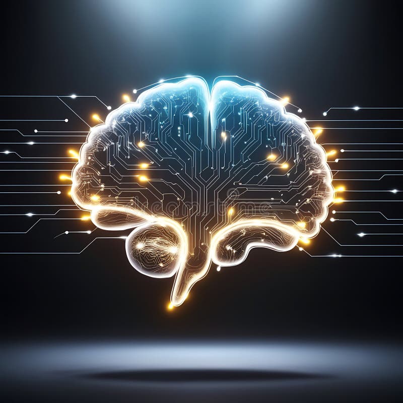 Digital Brain Illustration on a Blue Background with Lines and Dots ...