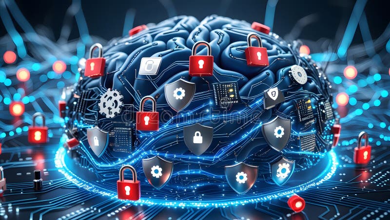 Digital Brain Illustration Highlighting Cybersecurity Networked Locks ...
