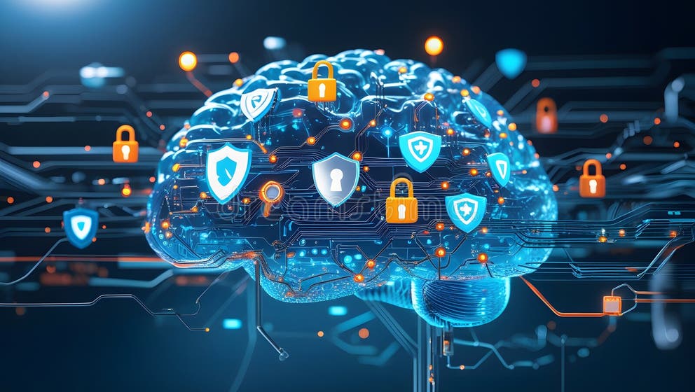 Digital Brain Illustration Highlighting Cybersecurity Stock Photo ...