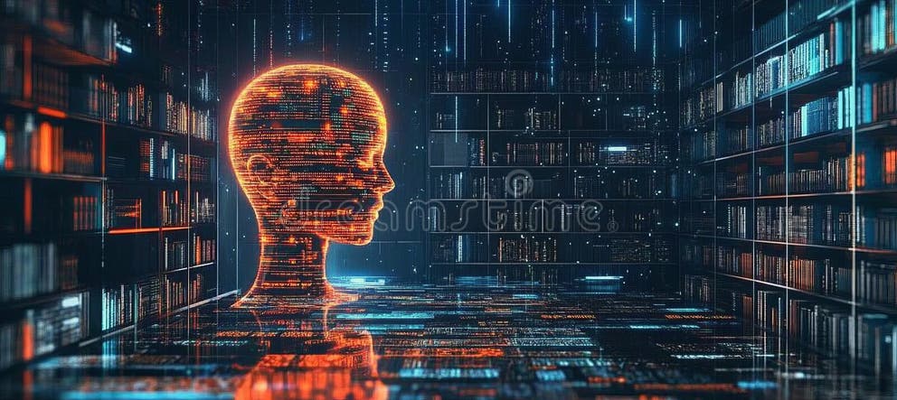 Digital Brain Immersed in Data Flow with Futuristic Library Background ...