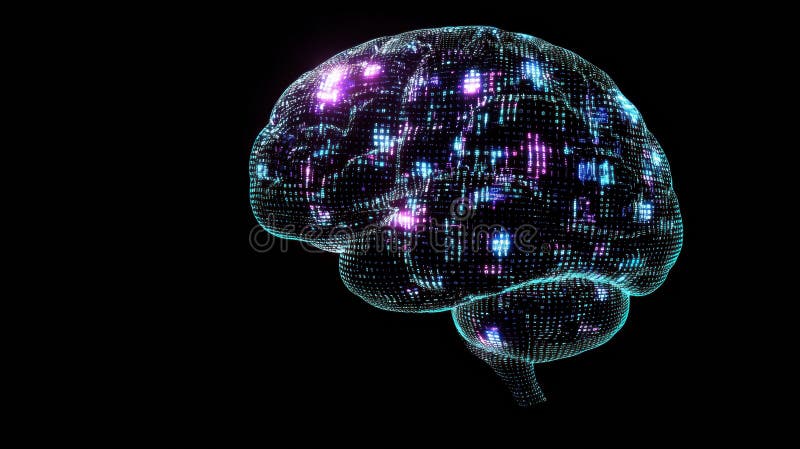 A Digital Brain Made of Glowing Blue and Purple Grids and Binary Code ...
