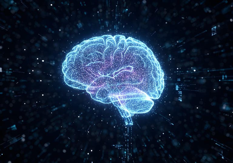 Digital Brain Made of Glowing Data Pixels Over Binary Code Background, Conceptual Depiction of ...