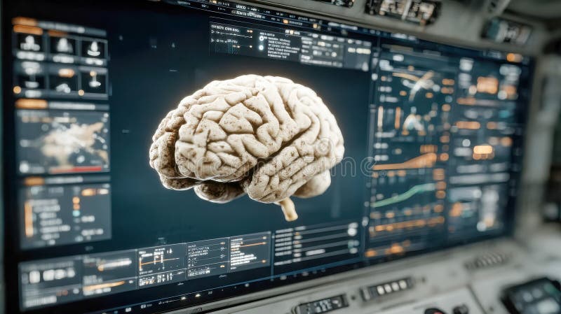 A Digital Brain Model Displayed on a High-tech Screen Filled with Data ...