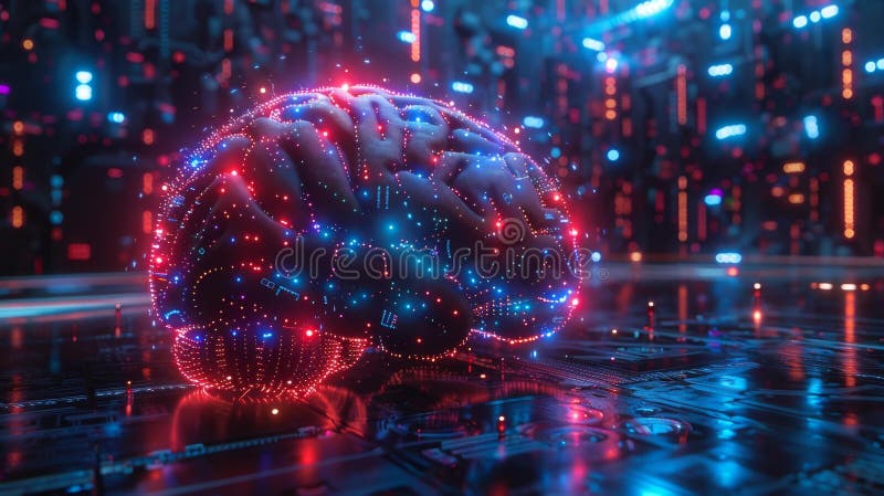 Digital Brain with Neon Lights - Generative Ai Stock Illustration ...