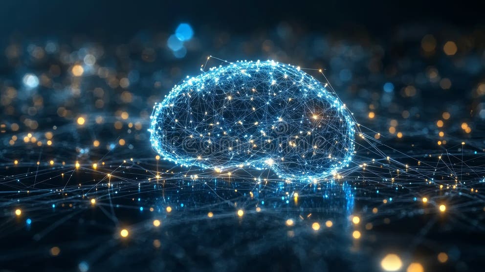 Digital Brain Network Artificial Intelligence Concept with Connected Dots on Blue Background ...