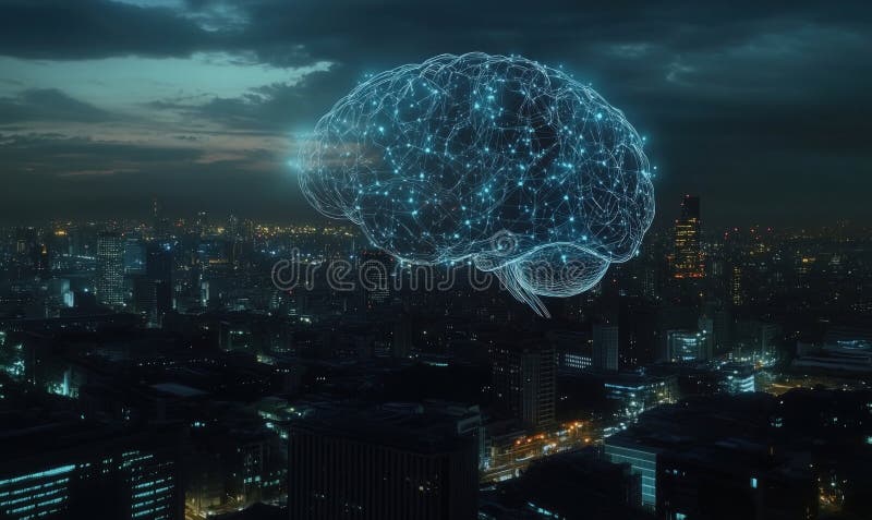 Digital Brain Over City Skyline, Representing Artificial Intelligence ...