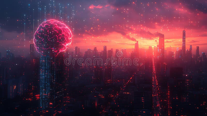 Digital Brain Over Sunset Cityscape Stock Illustration - Illustration ...