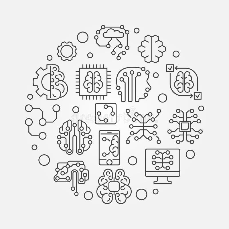 Digital Brain Round Vector Simple Outline Illustration Stock Vector ...
