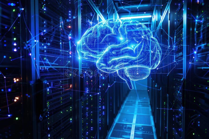 Server Room Data Center with Rows of Powerful Computers and Blue Lights ...