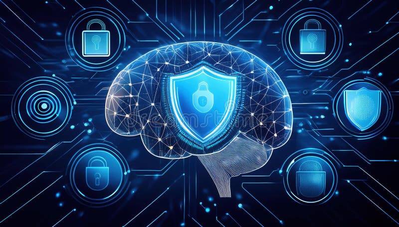 Digital Brain with a Shield Symbolizes Cybersecurity, Featuring Locks and Protection Icons in a ...