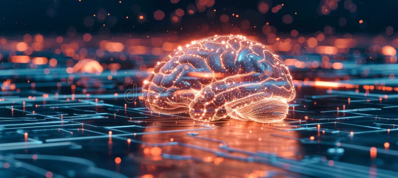 A Digital Brain Sits on a Circuit Board Surrounded by Data Points and ...