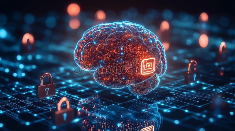 A Digital Brain Surrounded by Locks and Data Streams in a High-tech ...