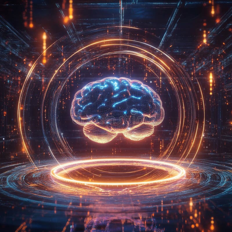 Digital Brain Surrounded by Rings of Spinning Data, Glowing Plasma and ...