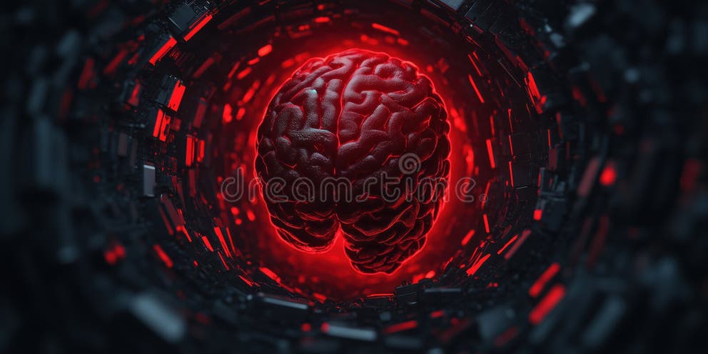 Digital Brain Surrounded by Vortex of Discarded Technology, Glowing Red ...