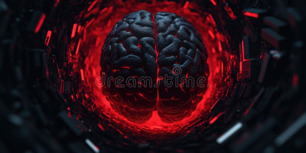 Digital Brain Surrounded by Vortex of Red Light and Technology Stock ...