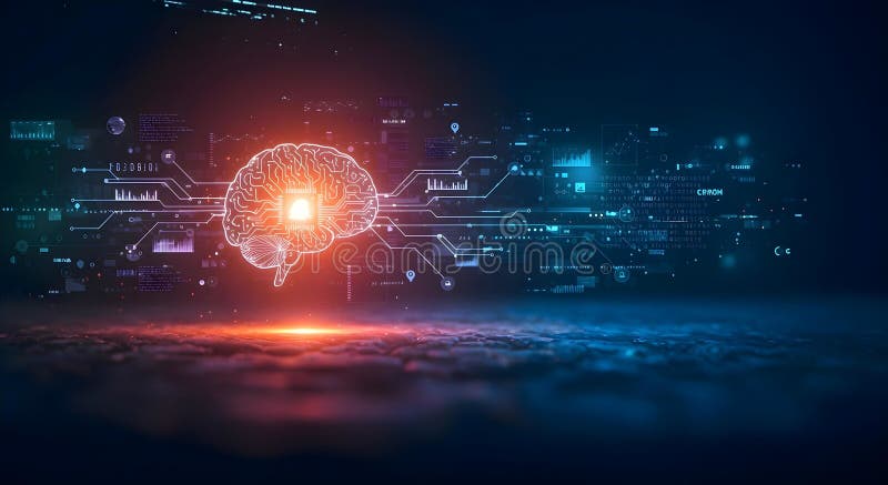 Digital Brain Technology Concept with Glowing Connections and Data Flow Stock Illustration ...