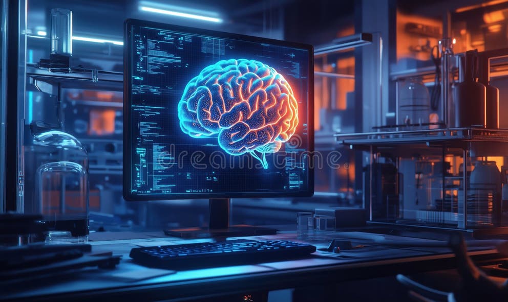 Digital Brain Visualization on Computer Screen in Futuristic Laboratory ...