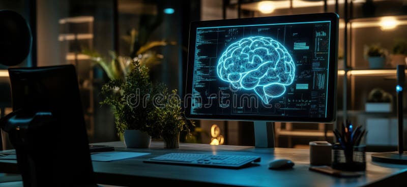 Digital Brain Visualization Computer Screen Modern Office Environment ...