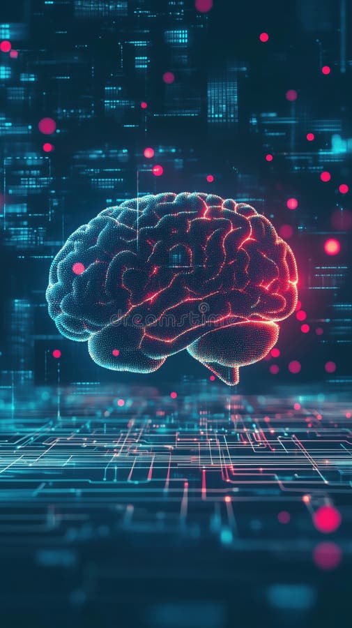 Digital Brain Visualization with Neon Lights and Data Patterns, Representing Artificial ...