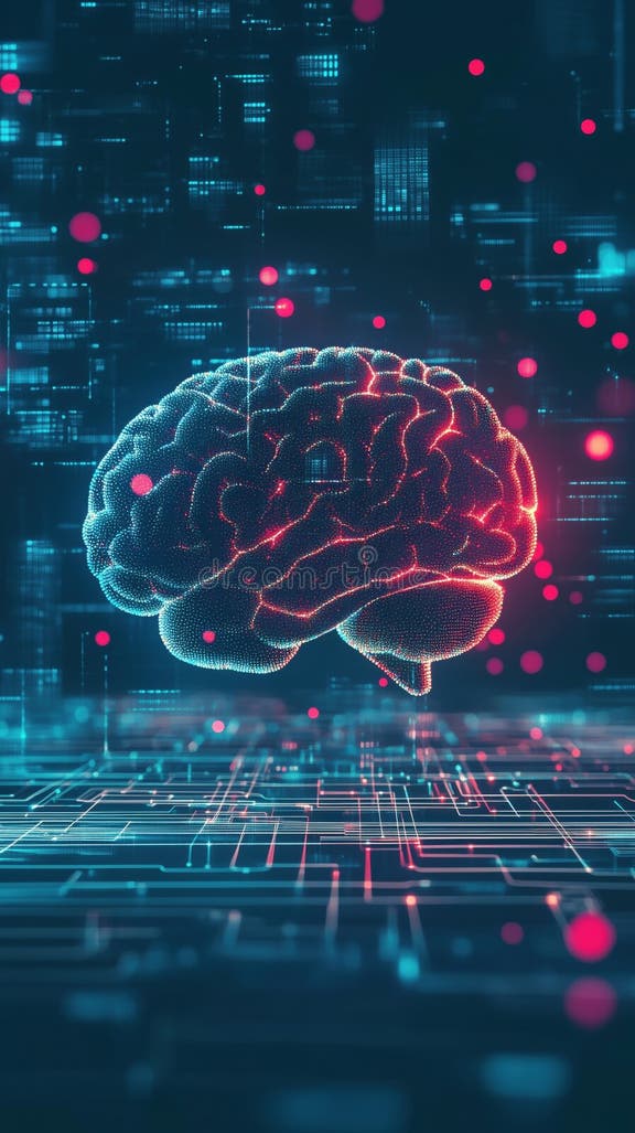 Digital Brain Visualization with Neon Lights and Data Patterns, Representing Artificial ...