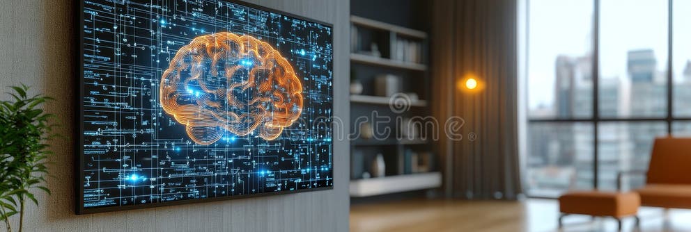 Digital Brain on Wall-Mounted Display in Modern Living Room, Artificial ...