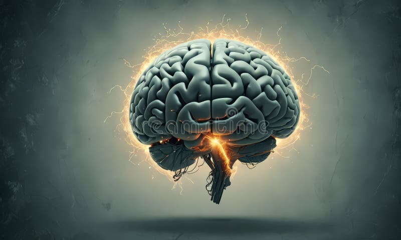 Digital Brain with Yellow Light Emanating from Its Center, Surrounded ...