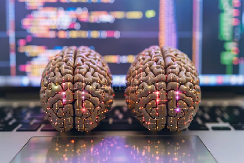 Digital Brains on Laptop with Coding Background Stock Illustration ...