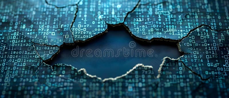Digital Breach: Cracked Screen Exposing Binary Secrets. Concept ...