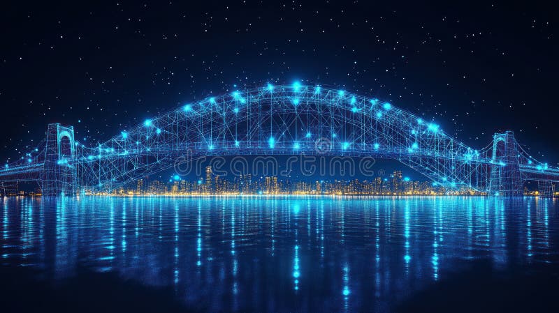 Digital Bridge Over City at Night Stock Illustration - Illustration of ...